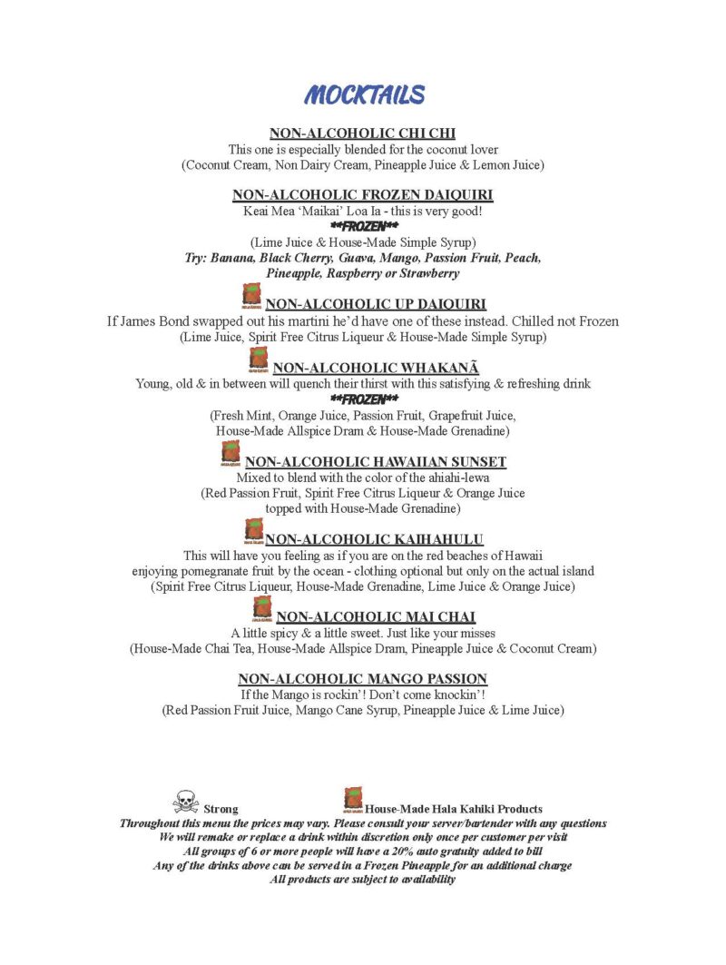 Drink Menu | Hala Kahiki Tropical Lounge